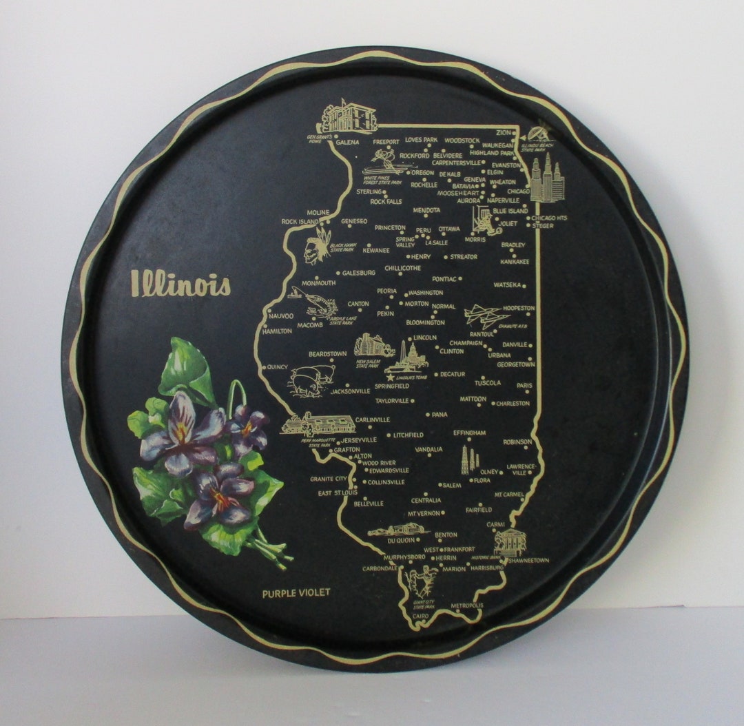 Vintage Illinois State Map Souvenir Metal Round Tray, Collectible State ...