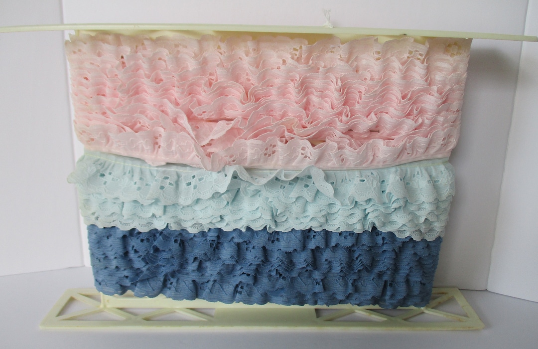 Vintage Gathered Ruffled Eyelet Trim, Light Blue, Medium Blue, Pink, 7/ ...