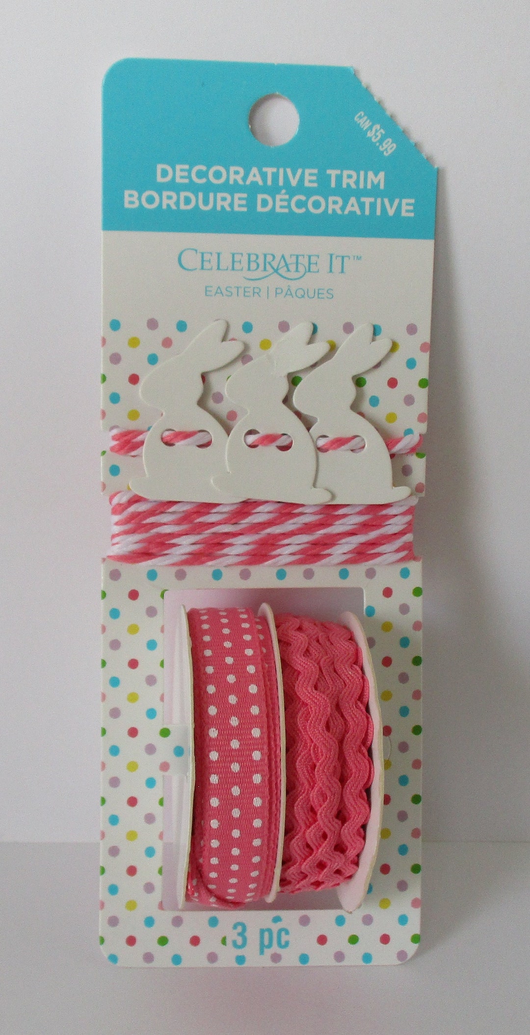 Easter Craft Trim Set, Bunny Twine, Pink Polka Dot Ribbon, Rick Rack (3 ...