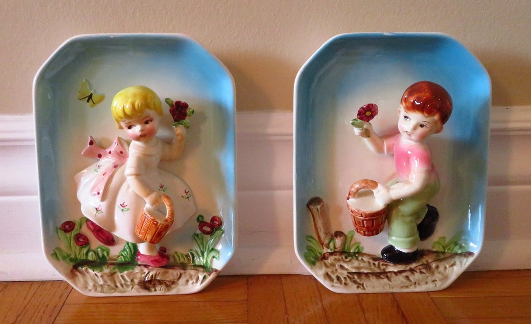 Vintage Lefton Ceramic 3D Wall Plaques: Hand-painted Boy and Girl - Etsy