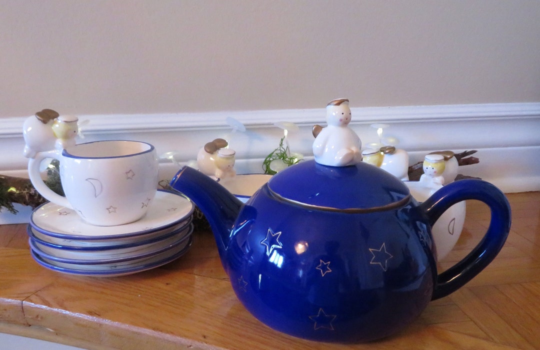 VTG Ceramic Angels ,stars and Moon Blue Teapot and Mug Plus Saucer ...