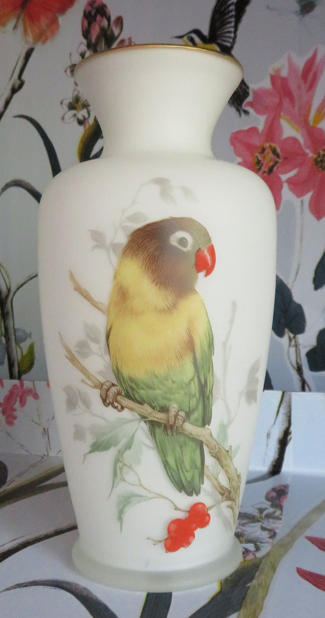 Vintage Enesco Frosted Glass Vase: Painted Bird, Gold Trim, Japan 1980 ...