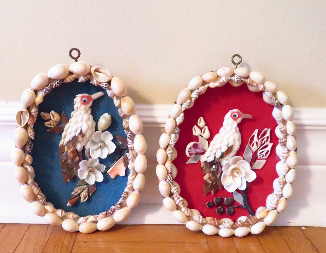 2 Vintage Shell Art Bird Vintage Wall Hanging Basket Seashells Flowers ...