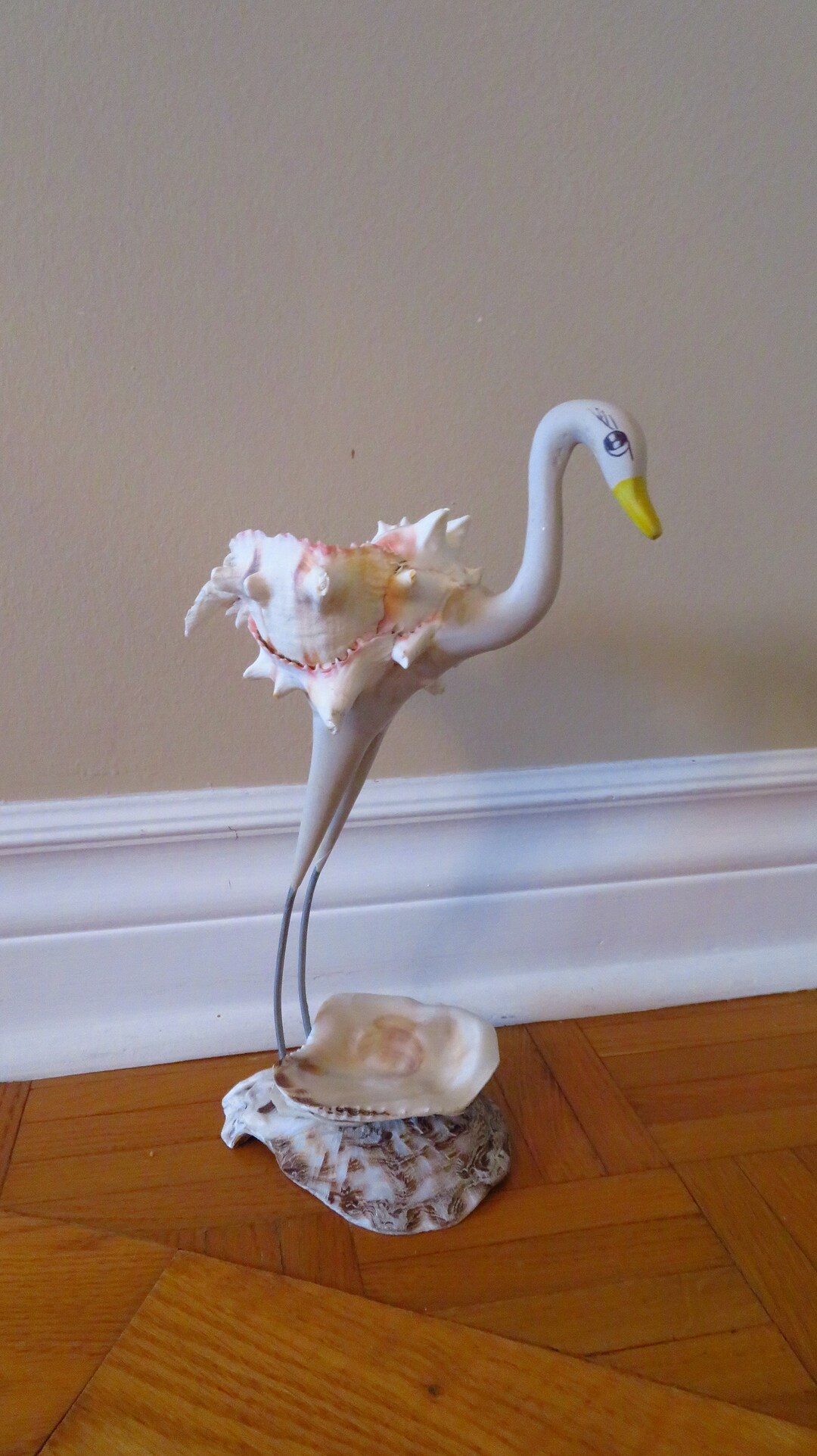 Mid Century Metal and Sea Shell Bird Sculpture, Ostrich Ceramic Head ...