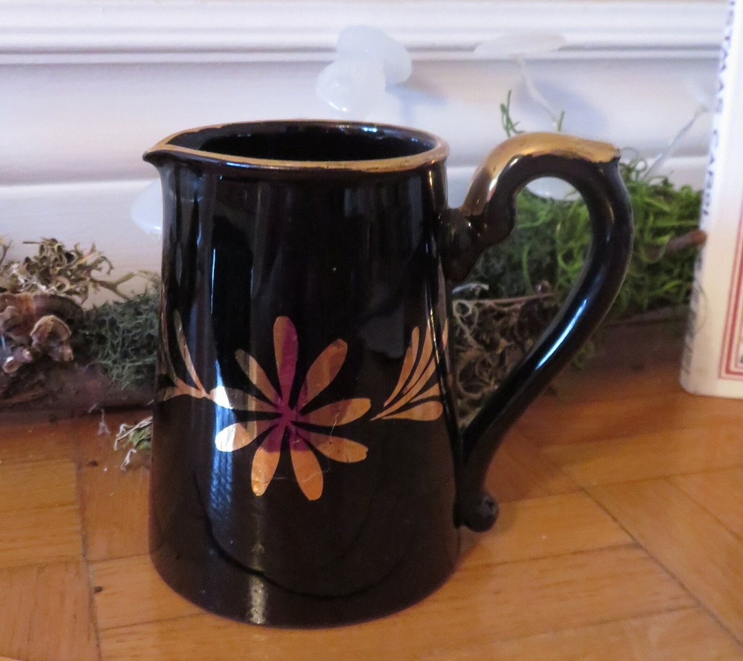 Vintage Gold Floral Black Creamer, Small Floral Pitcher, European. - Etsy