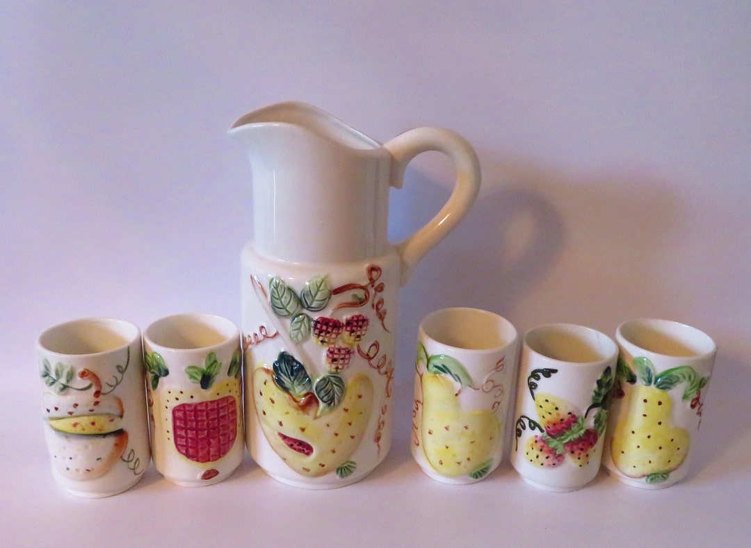 Mid Century Ceramic Juice Set: Pitcher & Fruit Tumblers, Made in Japan ...