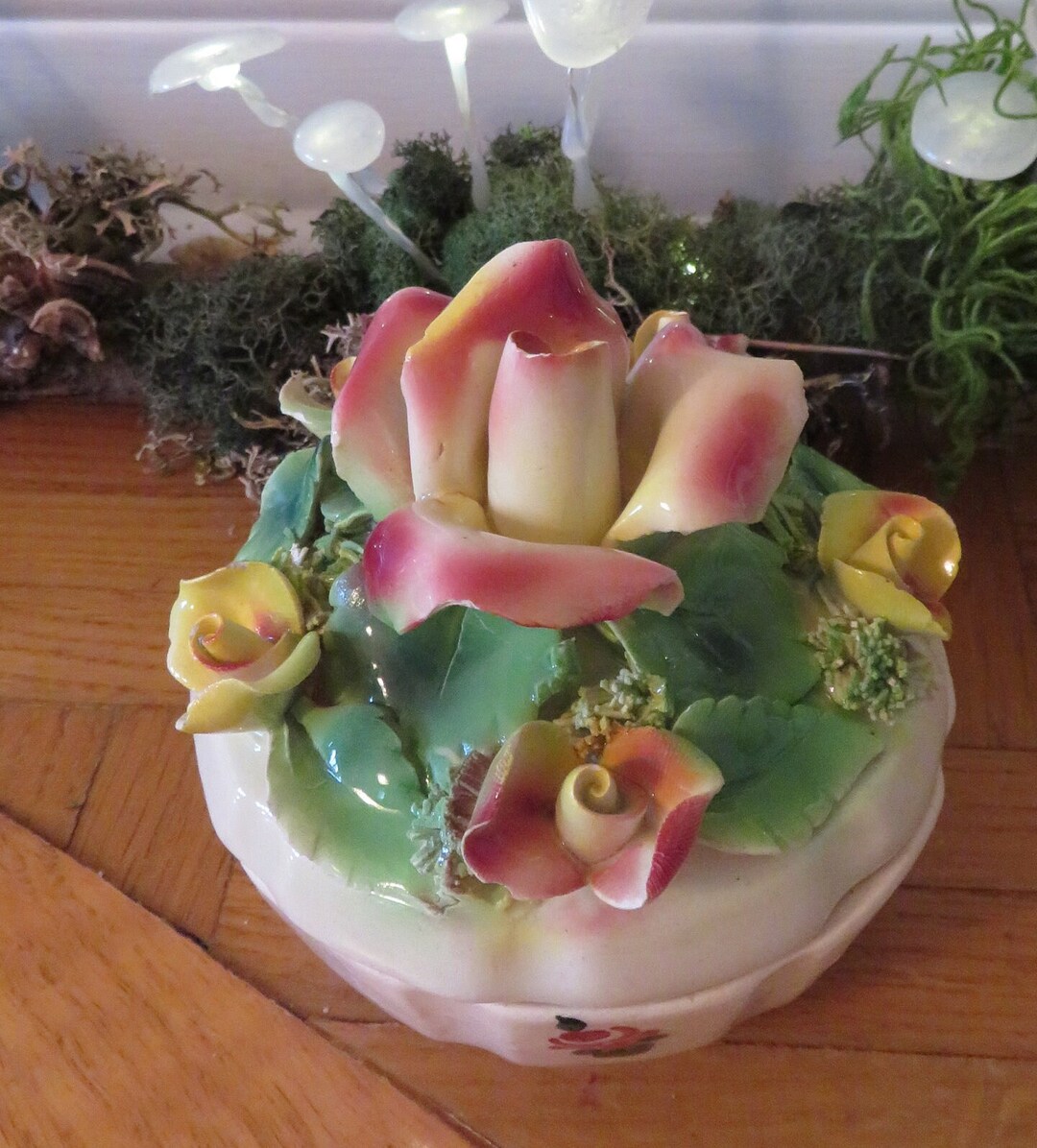 Vintage Trinket Box Capodimonte Made in Italy Hand Modeled White Rose ...