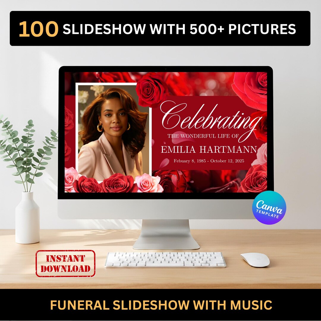 Red Rose Funeral Slideshow Template, Celebration of Life (canva ...
