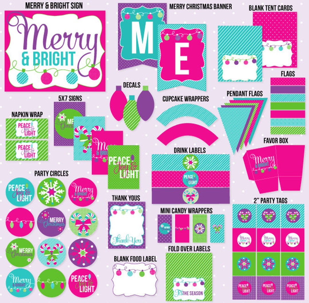 Merry & Bright Colorful Christmas PRINTABLE Party INSTANT DOWNLOAD by ...
