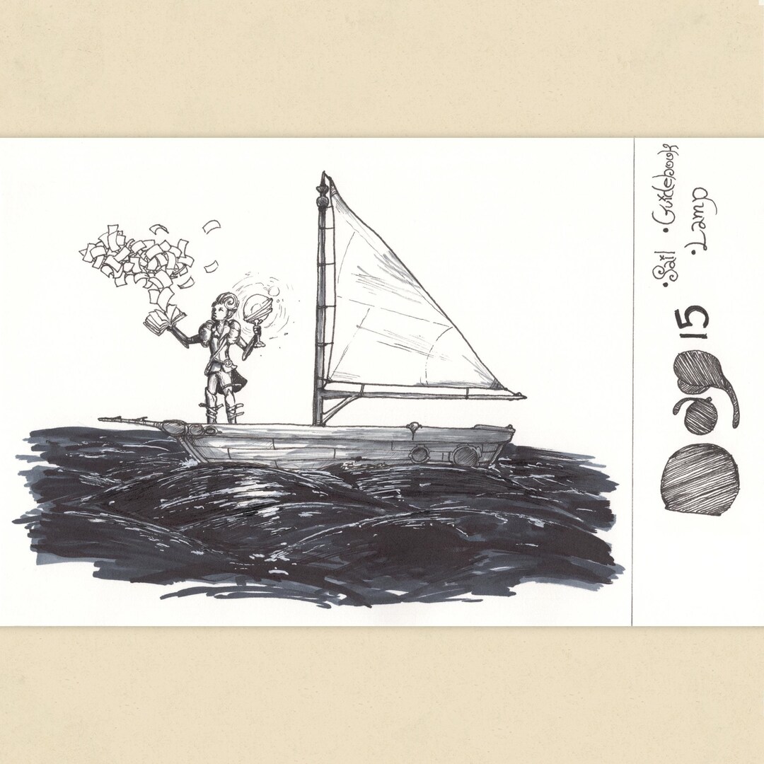 2024 Inktober Day 15 Original Ink Art Piece Sail Guidebook Lamp - Etsy