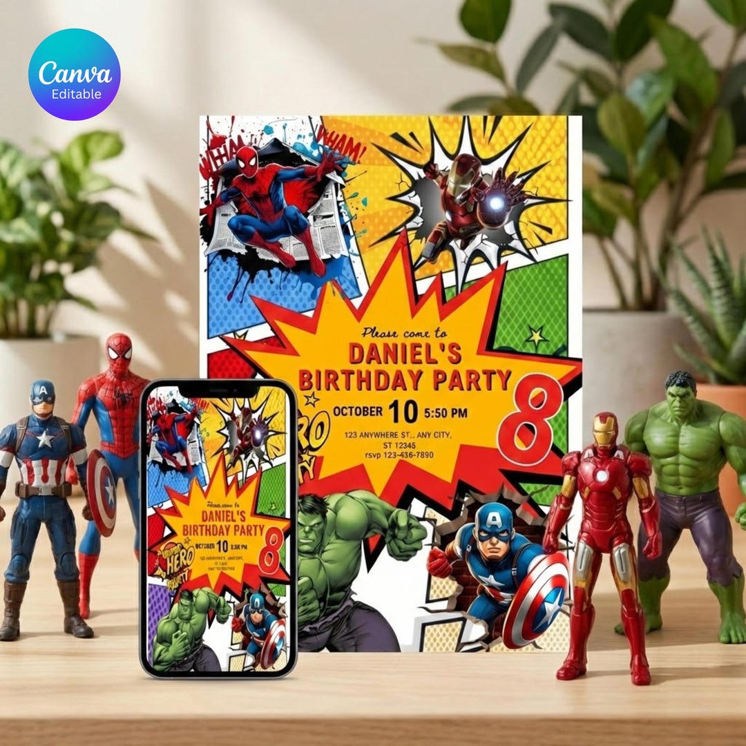 Editable Superheroes Birthday Invitation, Superhero Birthday Invite ...