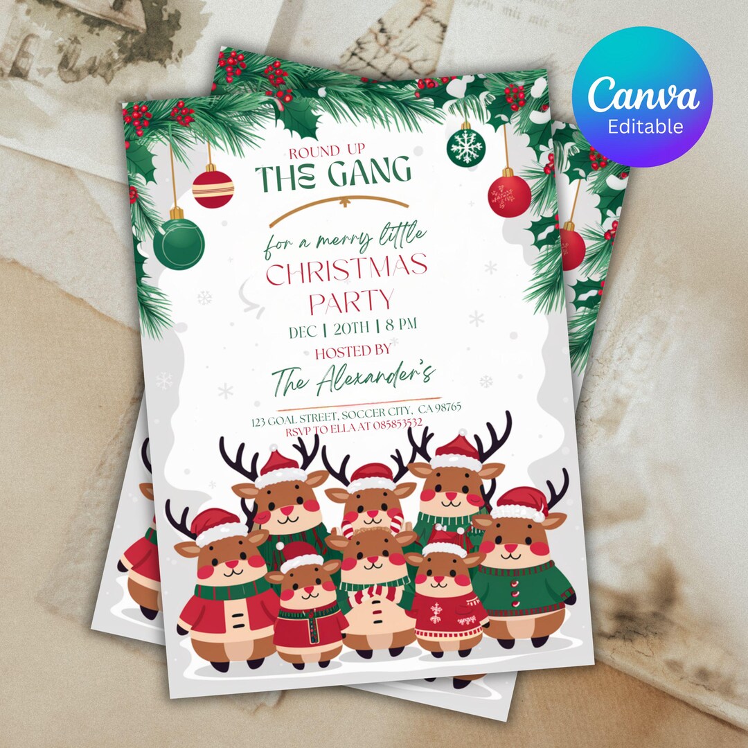 Reindeer Christmas Party Invitation, Editable Round up the Gang Invite ...