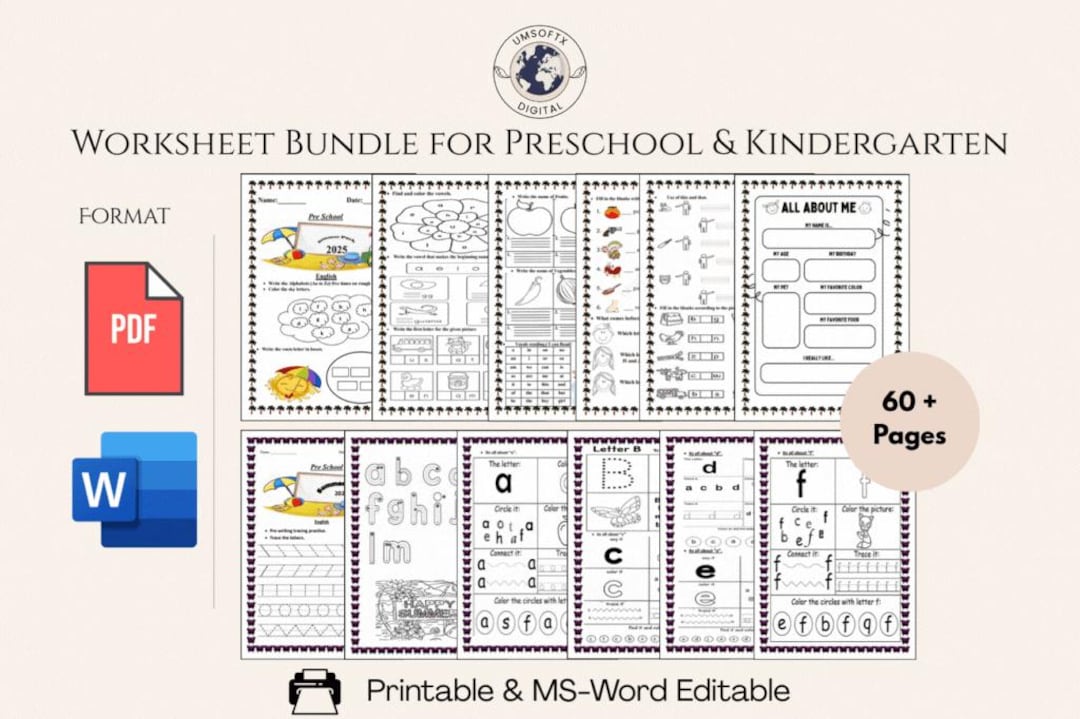 Preschool & Kindergarten Learning Bundle | 60+ Printable Worksheets for ...