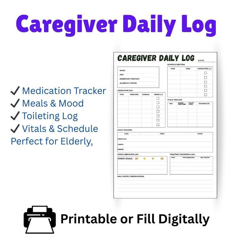 Caregiver Daily Log | Elderly Care Log Printable Medical Organizer (PDF ...