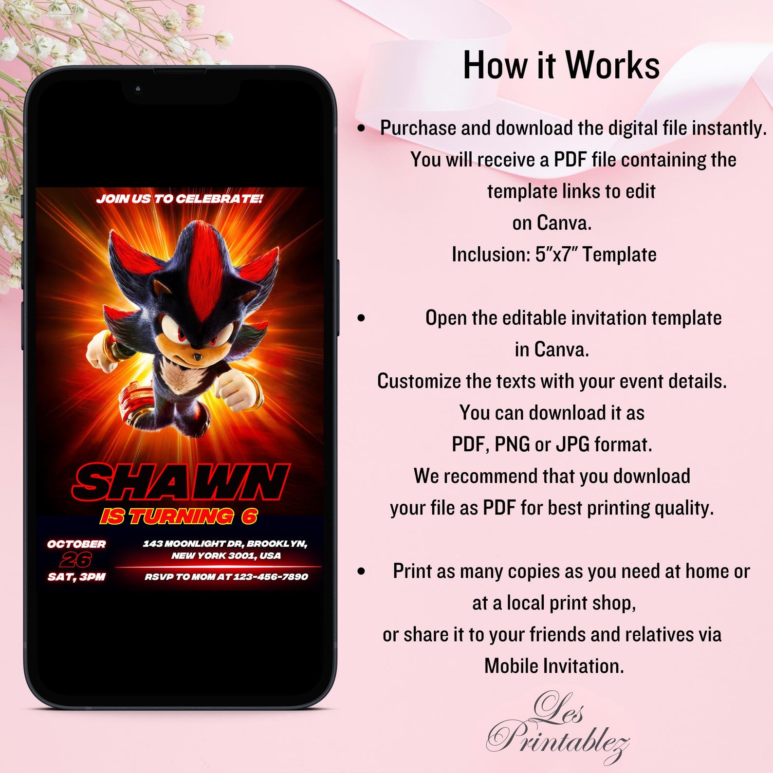 Editable Shadow Birthday Invitation, Shadow the Hedgehog Birthday ...