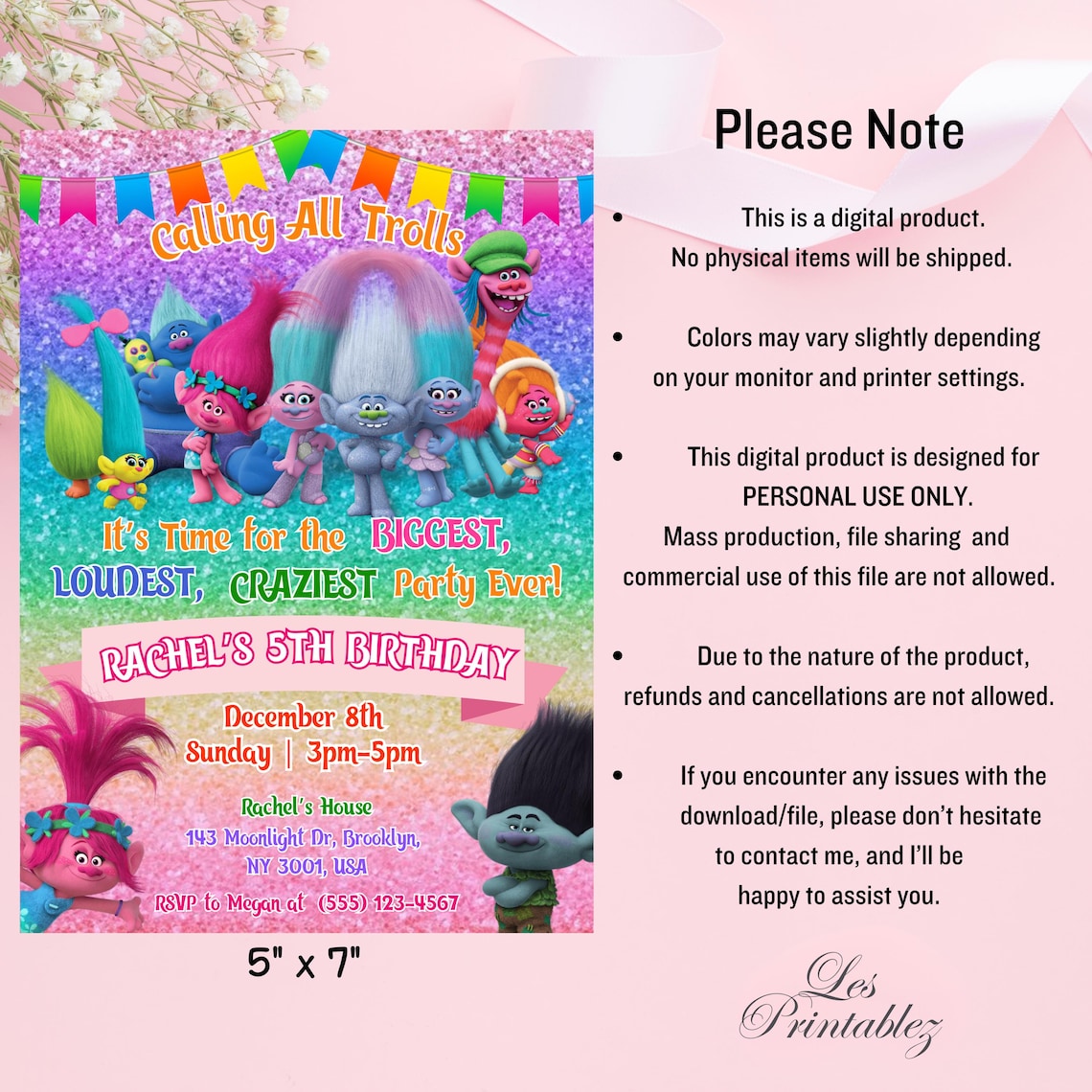 Editable Trolls Invitation, Printable Trolls Birthday Invitation ...