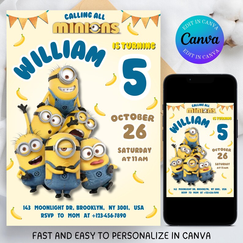 Editable Minions Birthday Invitation, Minions Birthday Party,printable ...
