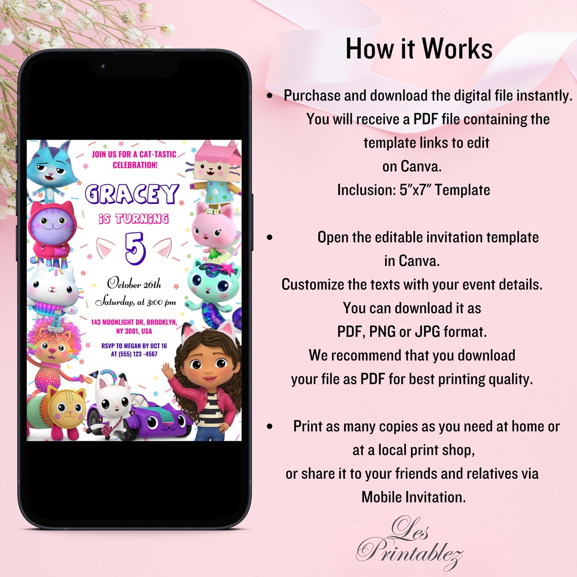 Editable Gabby's Dollhouse Birthday Invitation, Gabbys Dollhouse Party ...