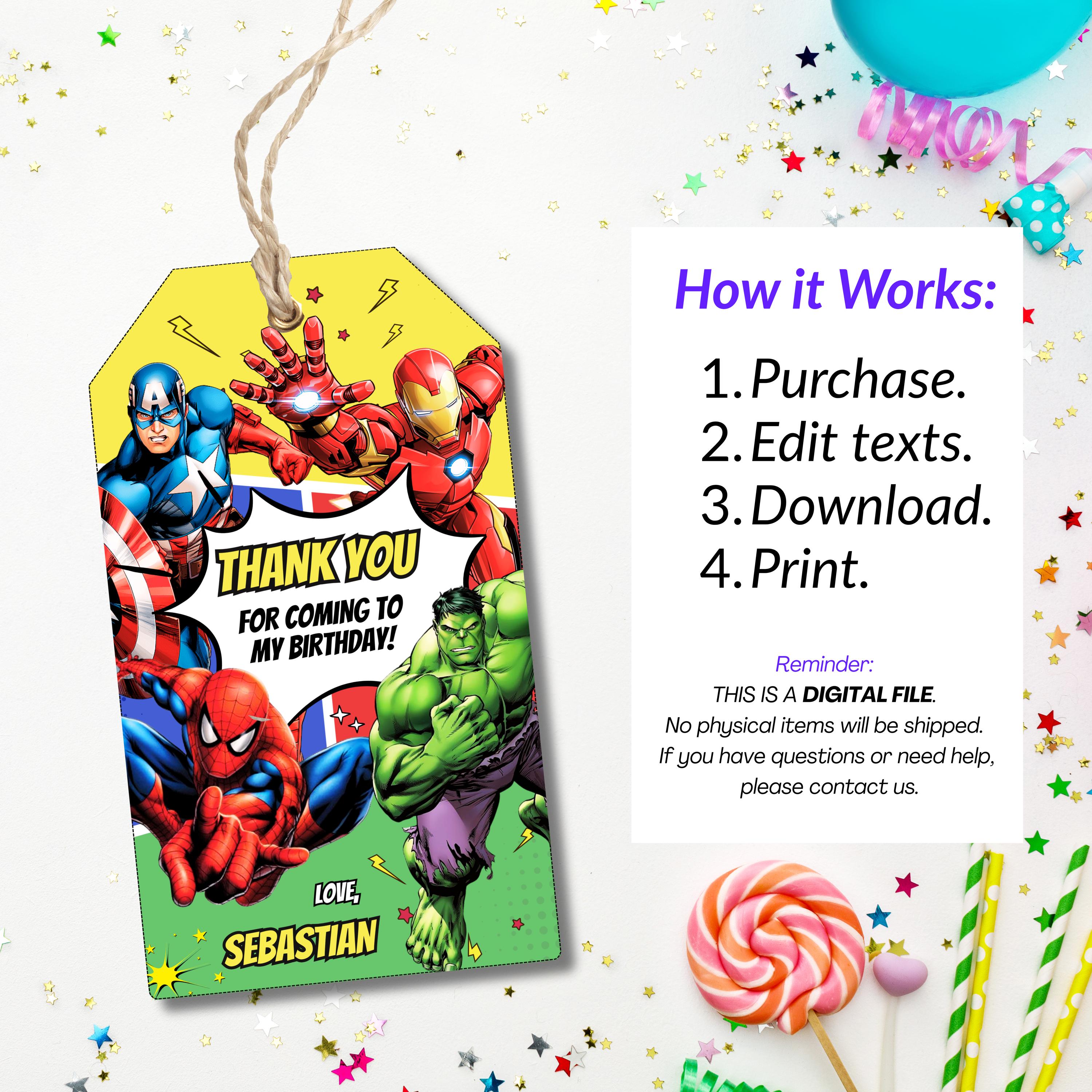 Editable Superheroes Birthday Party Favor Tag, Superhero Thank You Tag ...