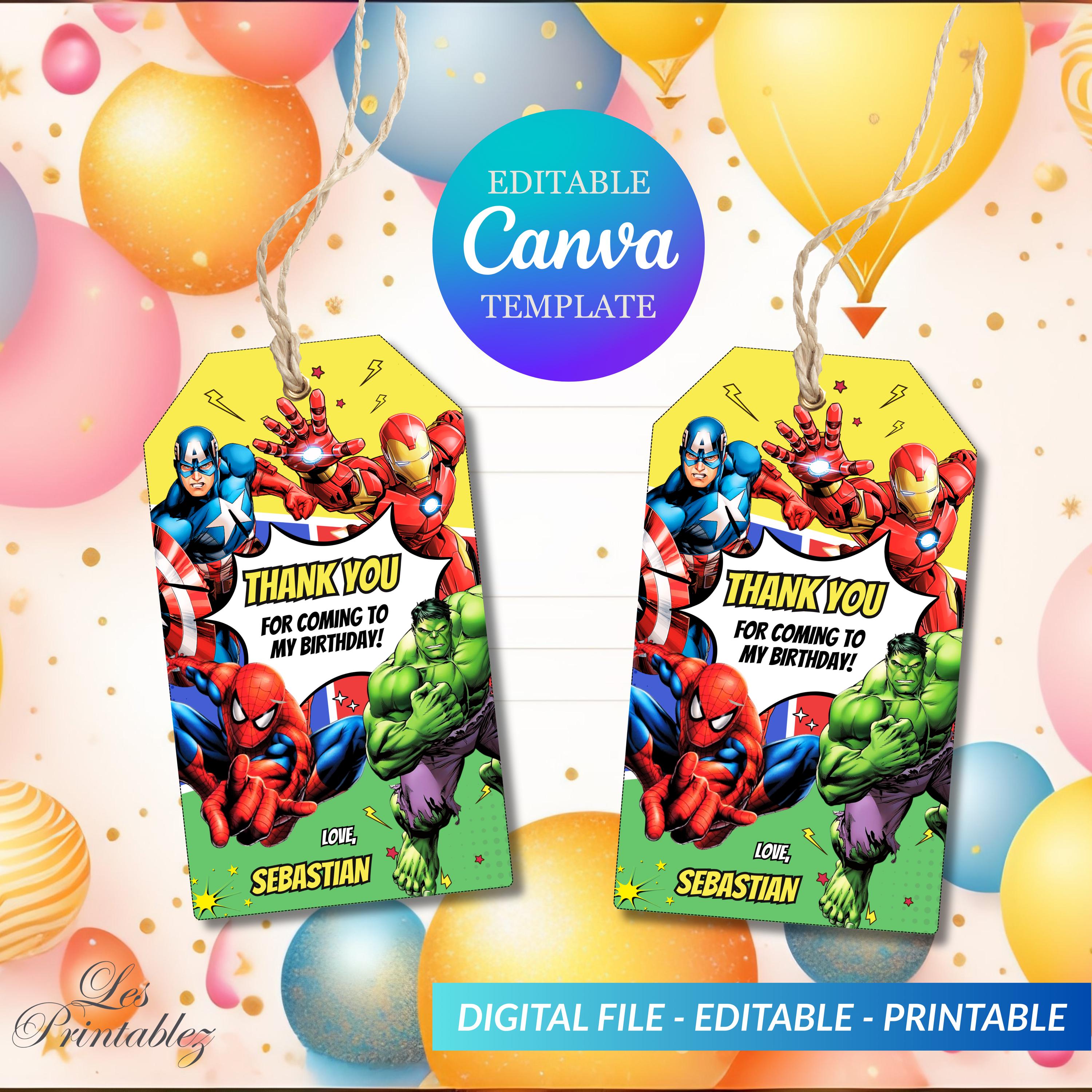 Editable Superheroes Birthday Party Favor Tag, Superhero Thank You Tag ...