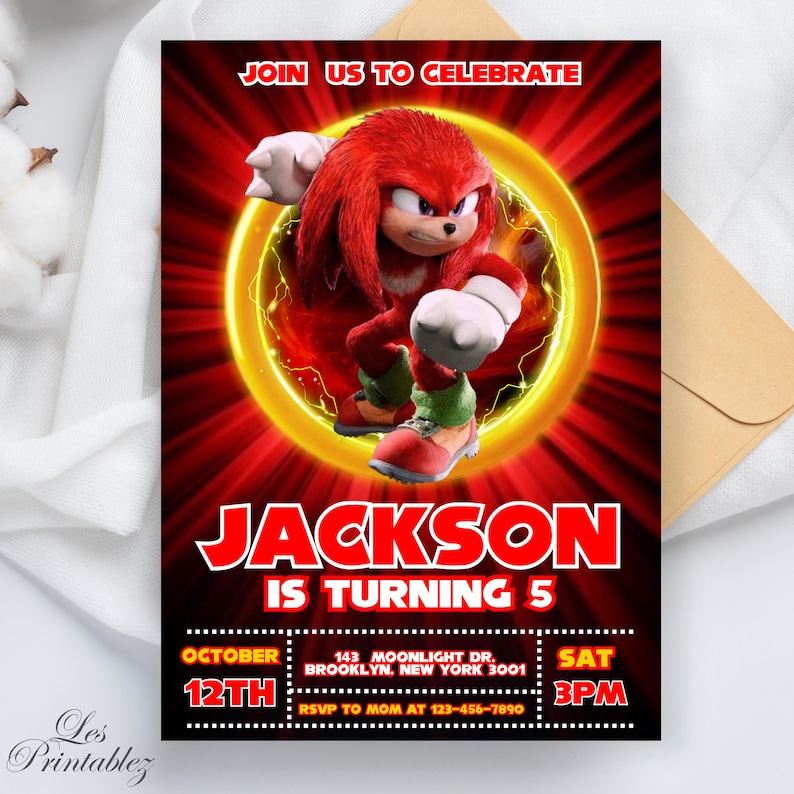 Editable Knuckles the Echidna Invitation, Sonic Knuckles Birthday ...