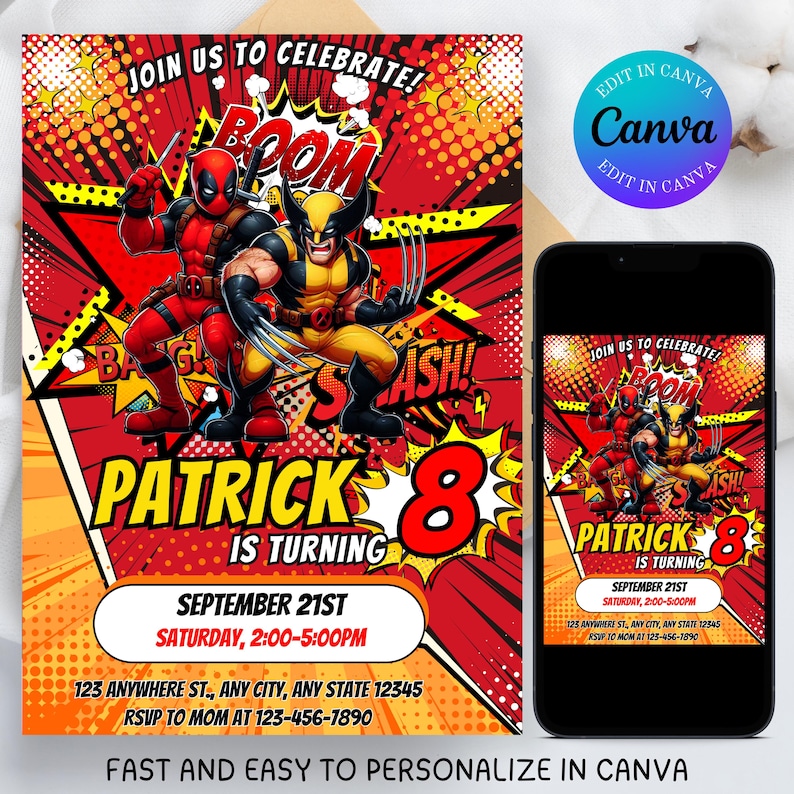 Editable Deadpool and Wolverine Birthday Invitation, Superhero Birthday ...