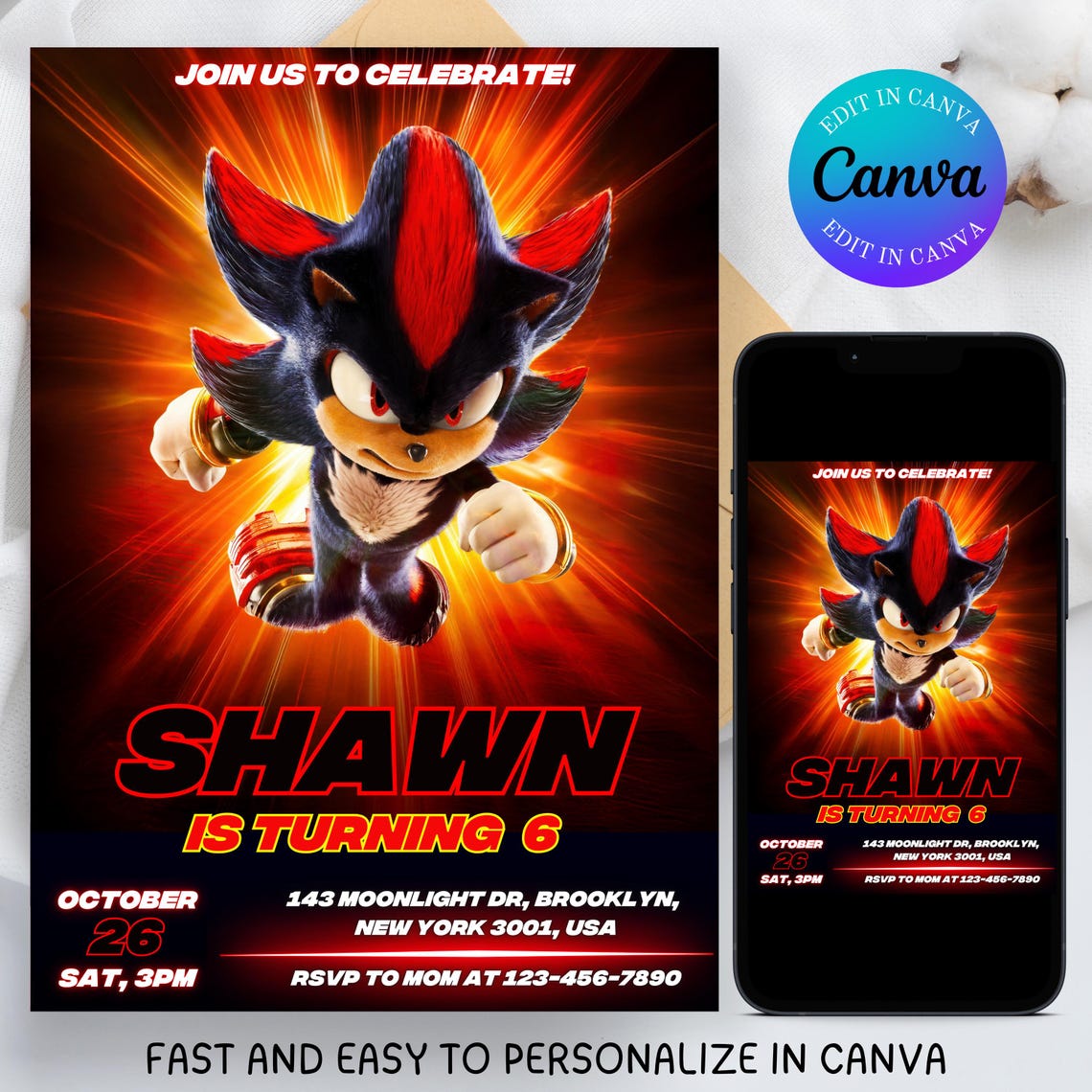 Editable Shadow Birthday Invitation, Shadow the Hedgehog Birthday ...