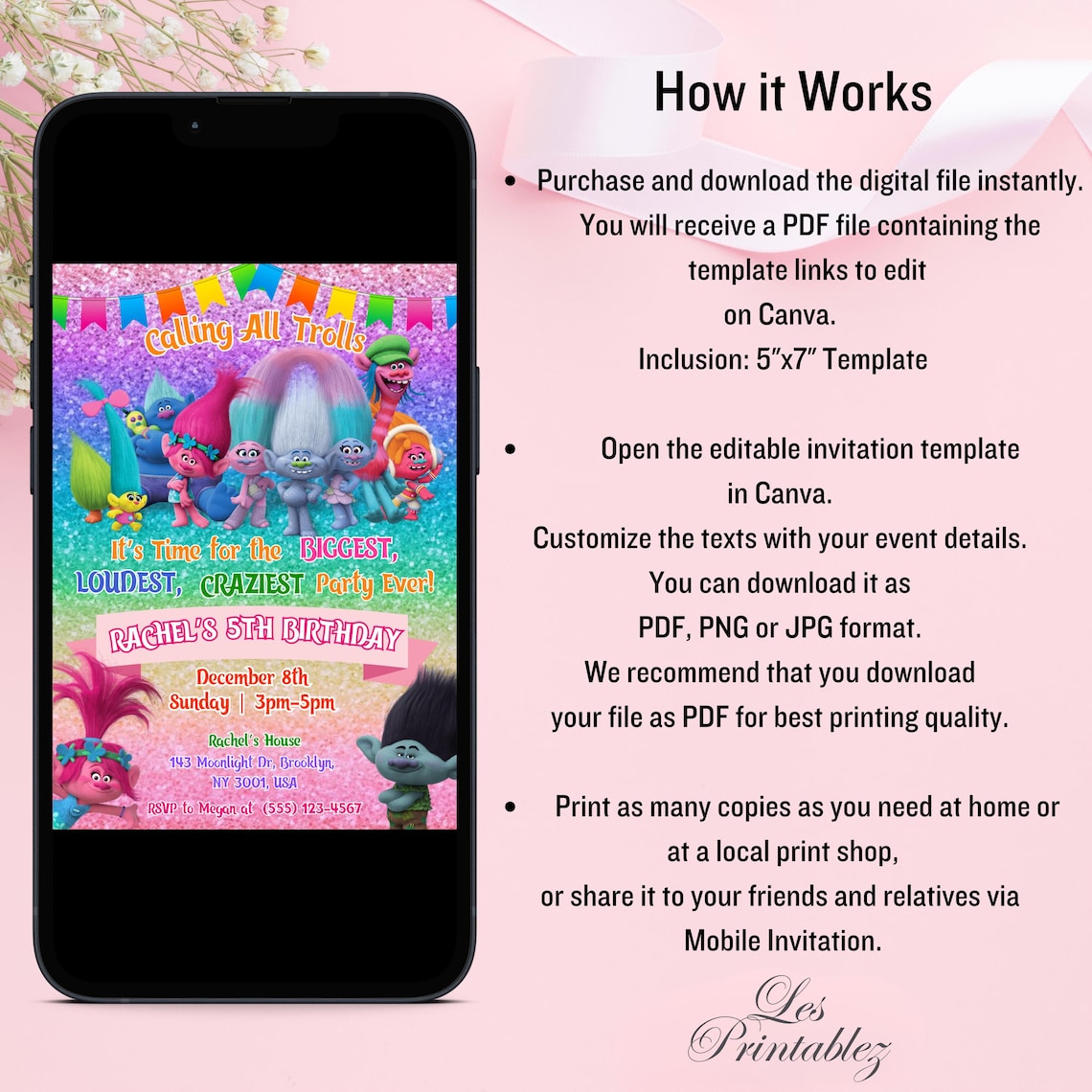 Editable Trolls Invitation, Printable Trolls Birthday Invitation ...
