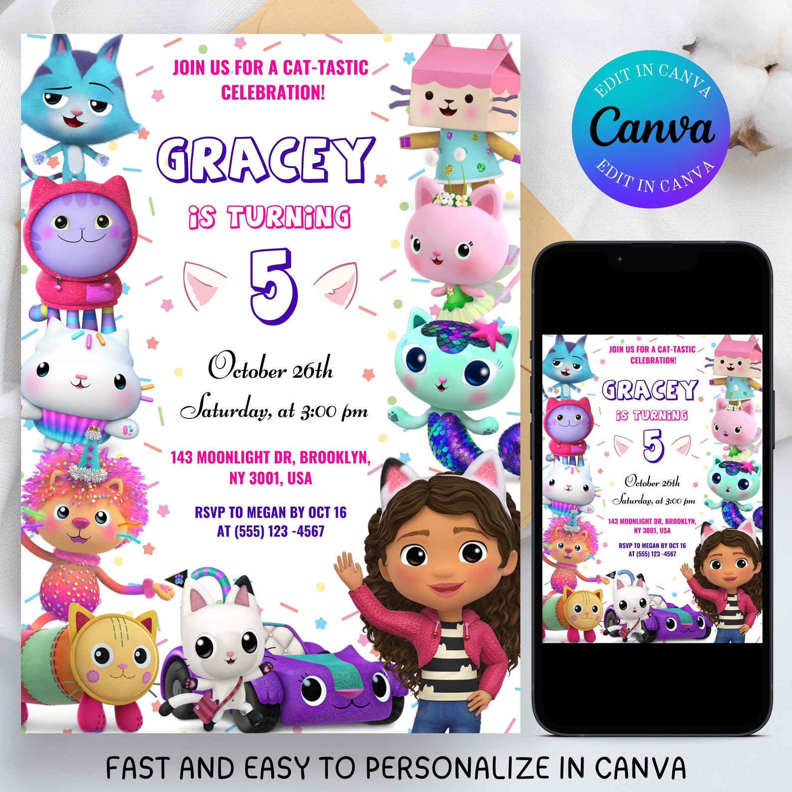 Editable Gabby's Dollhouse Birthday Invitation, Gabbys Dollhouse Party ...