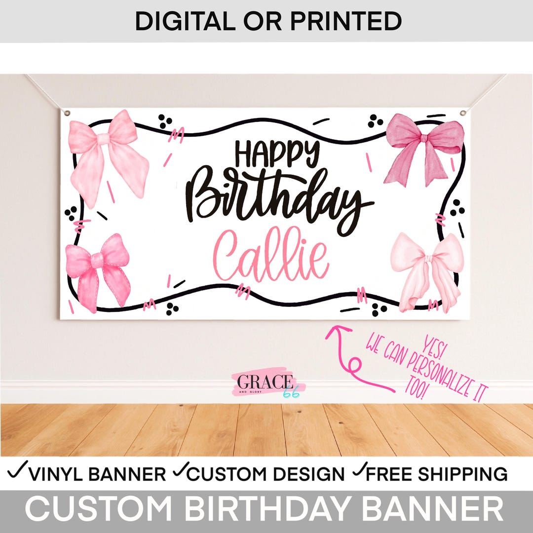 Pink Bow Birthday Banner Party Custom Banner, Girl 1st Birthday ...