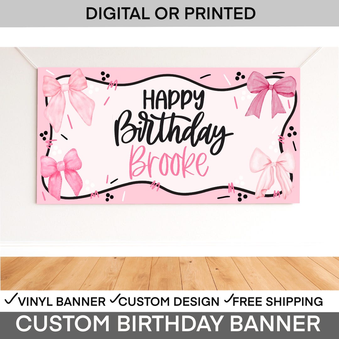 Pink Bow Birthday Banner, Bow Birthday Backdrop Banner, Girl Birthday ...