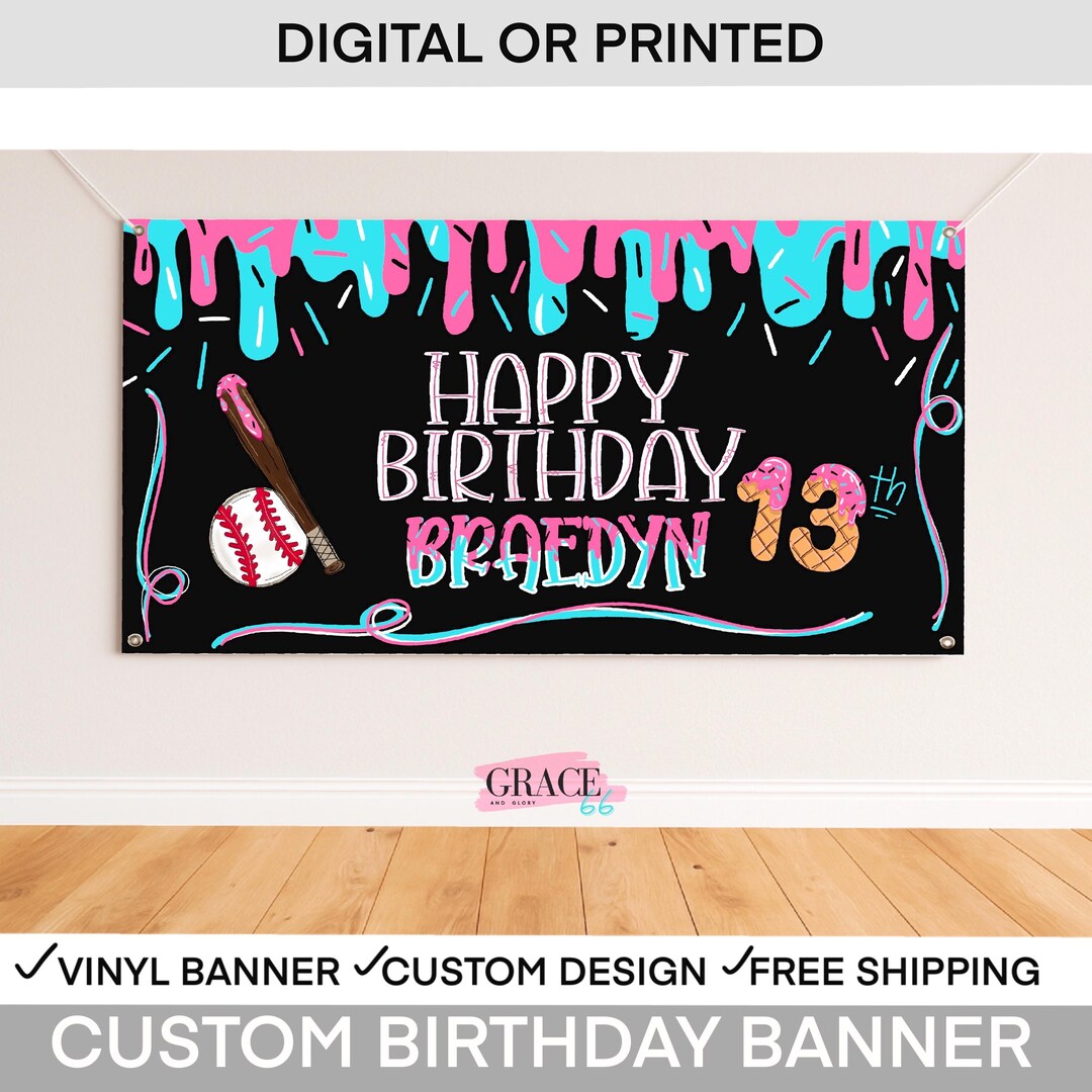 Drippy Baseball Birthday Banner • Ice Cream Baseball Party Backdrop ...