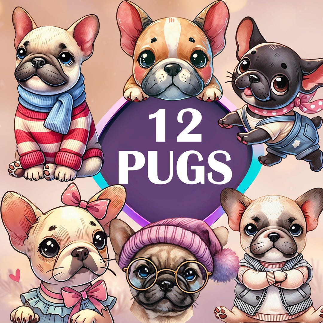 12 Charming Pugs: Digital PNG Clipart Pug Images in Cartoon Style on ...