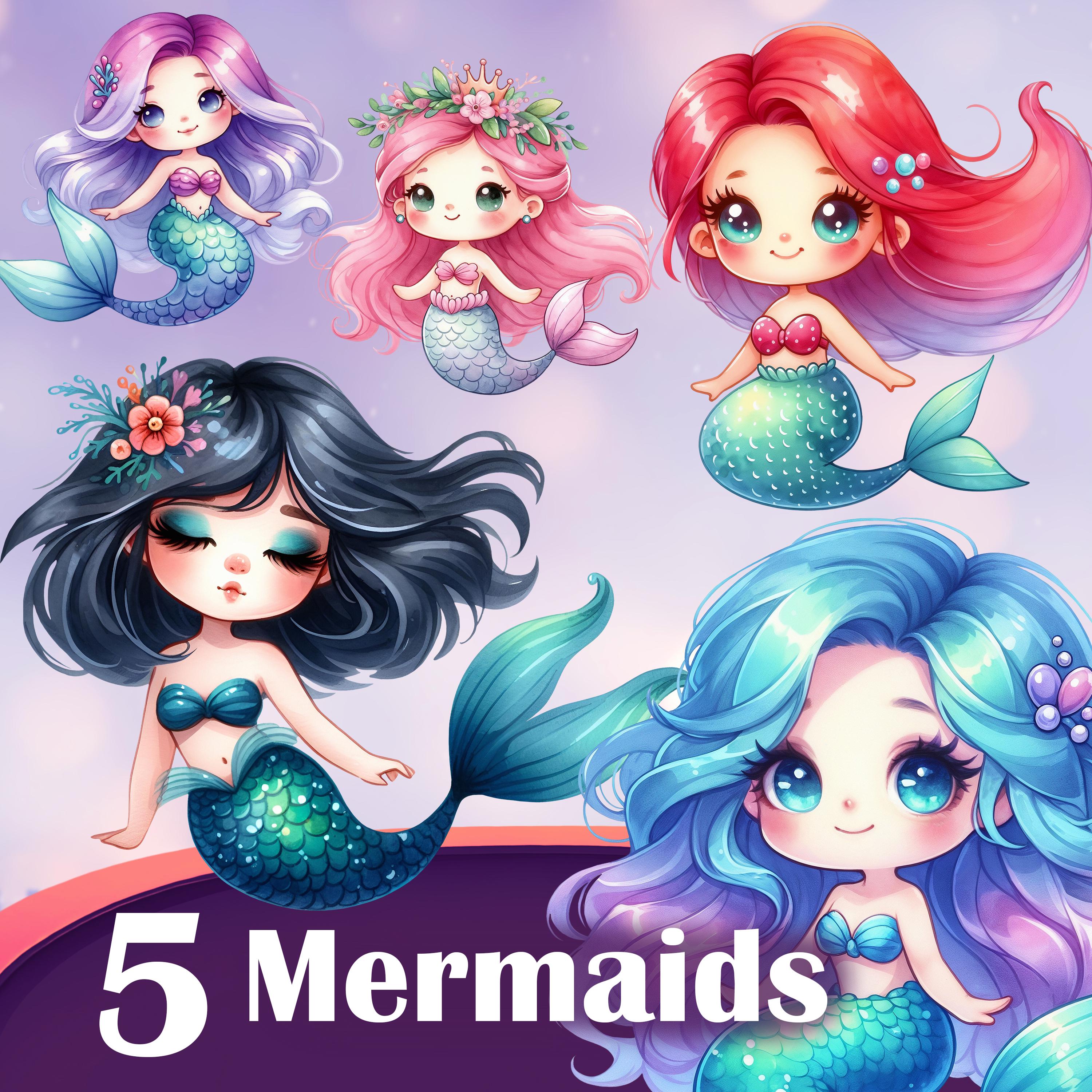 Mermaid Clipart Set – 5 Watercolor Fantasy Girls Pngs, Digital Art ...