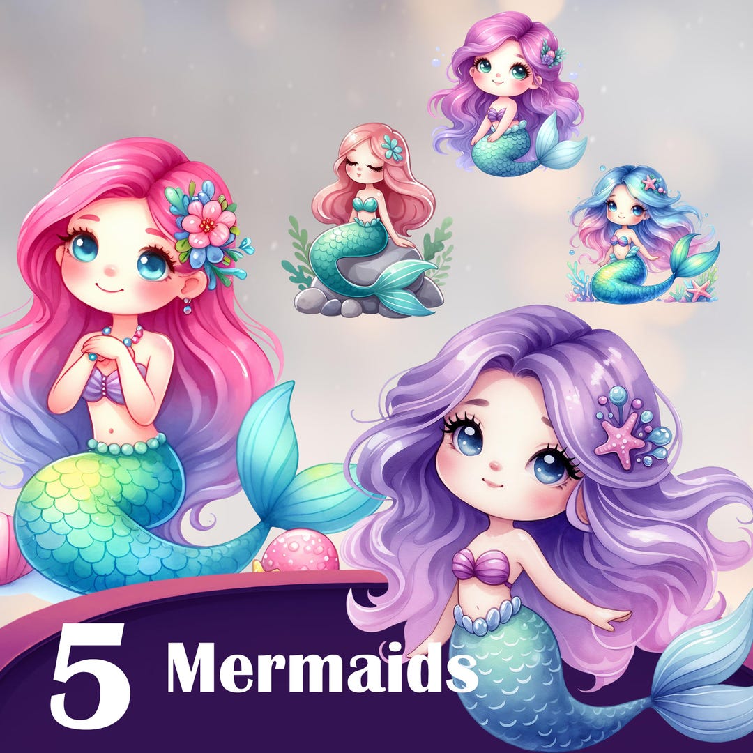 Watercolor Mermaid Clipart PNG – Set of 5 Cute Cartoon Mermaids for ...