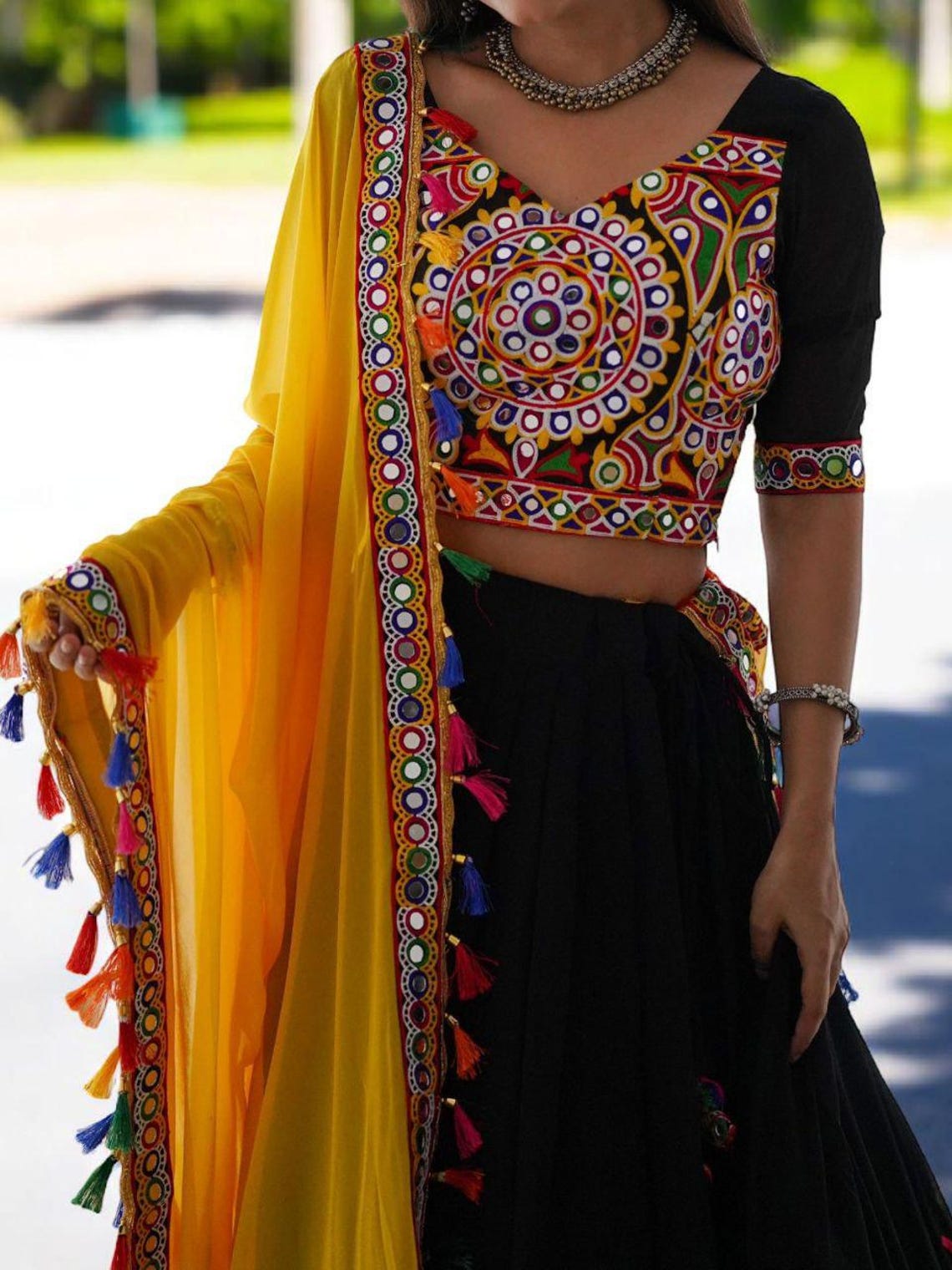 Gujarati Festive Chaniya Choli: Mirror Work Embroidered Lehenga With ...