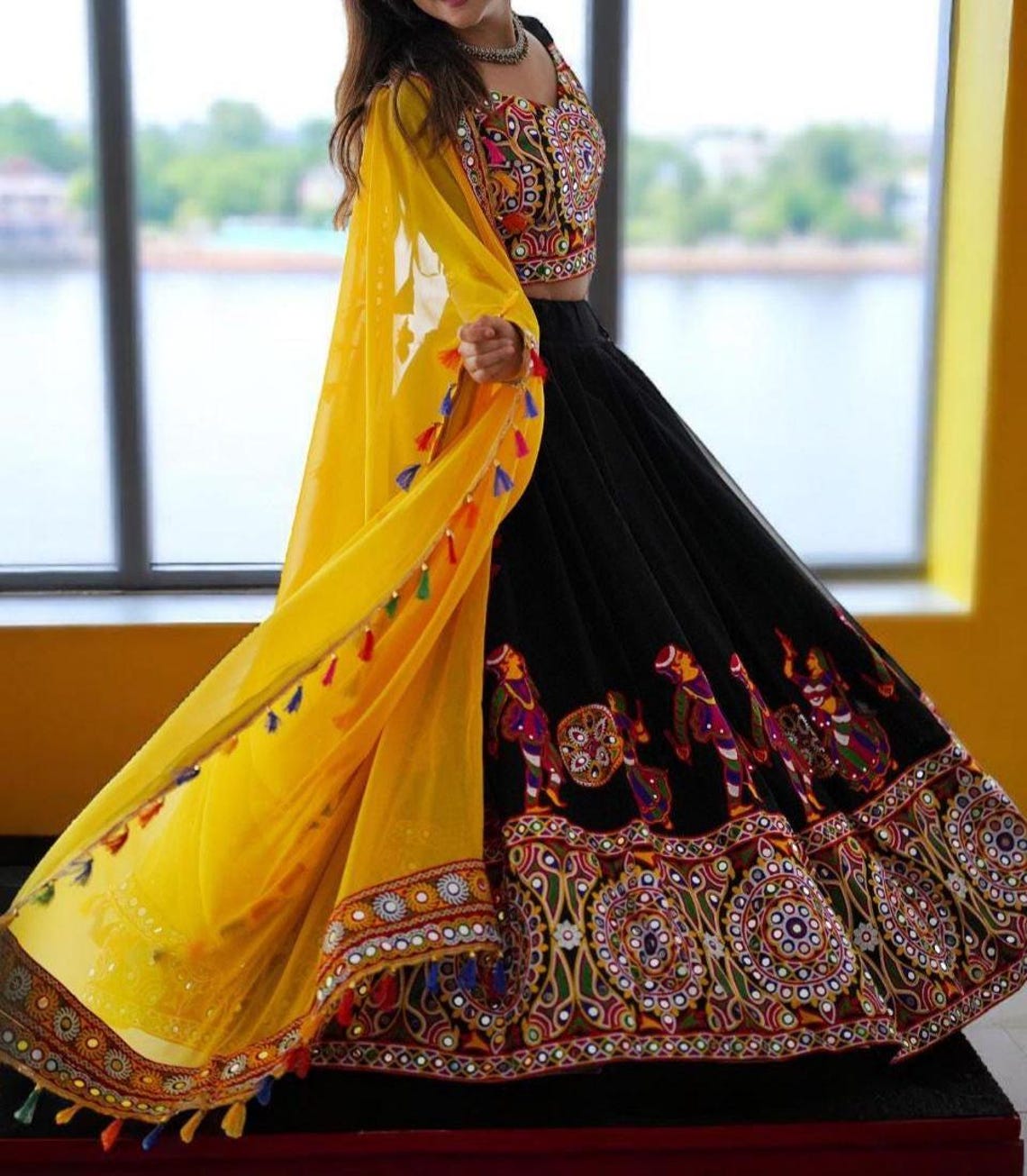 Gujarati Festive Chaniya Choli: Mirror Work Embroidered Lehenga With ...