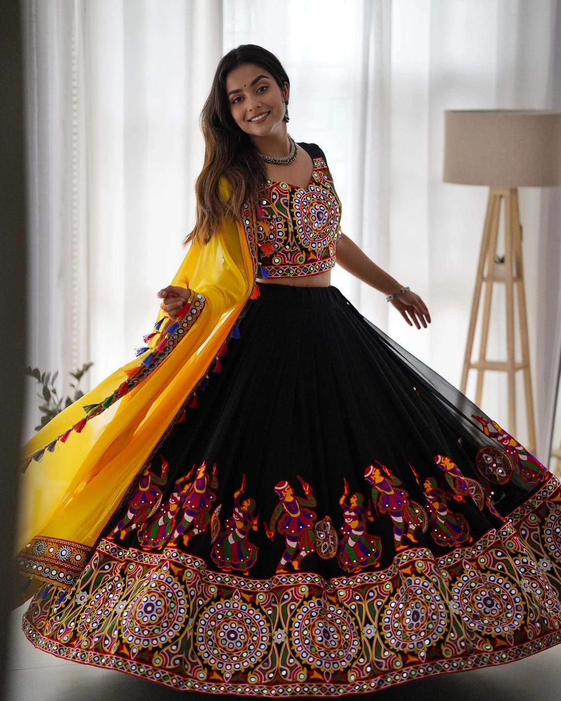 Gujarati Festive Chaniya Choli: Mirror Work Embroidered Lehenga With ...