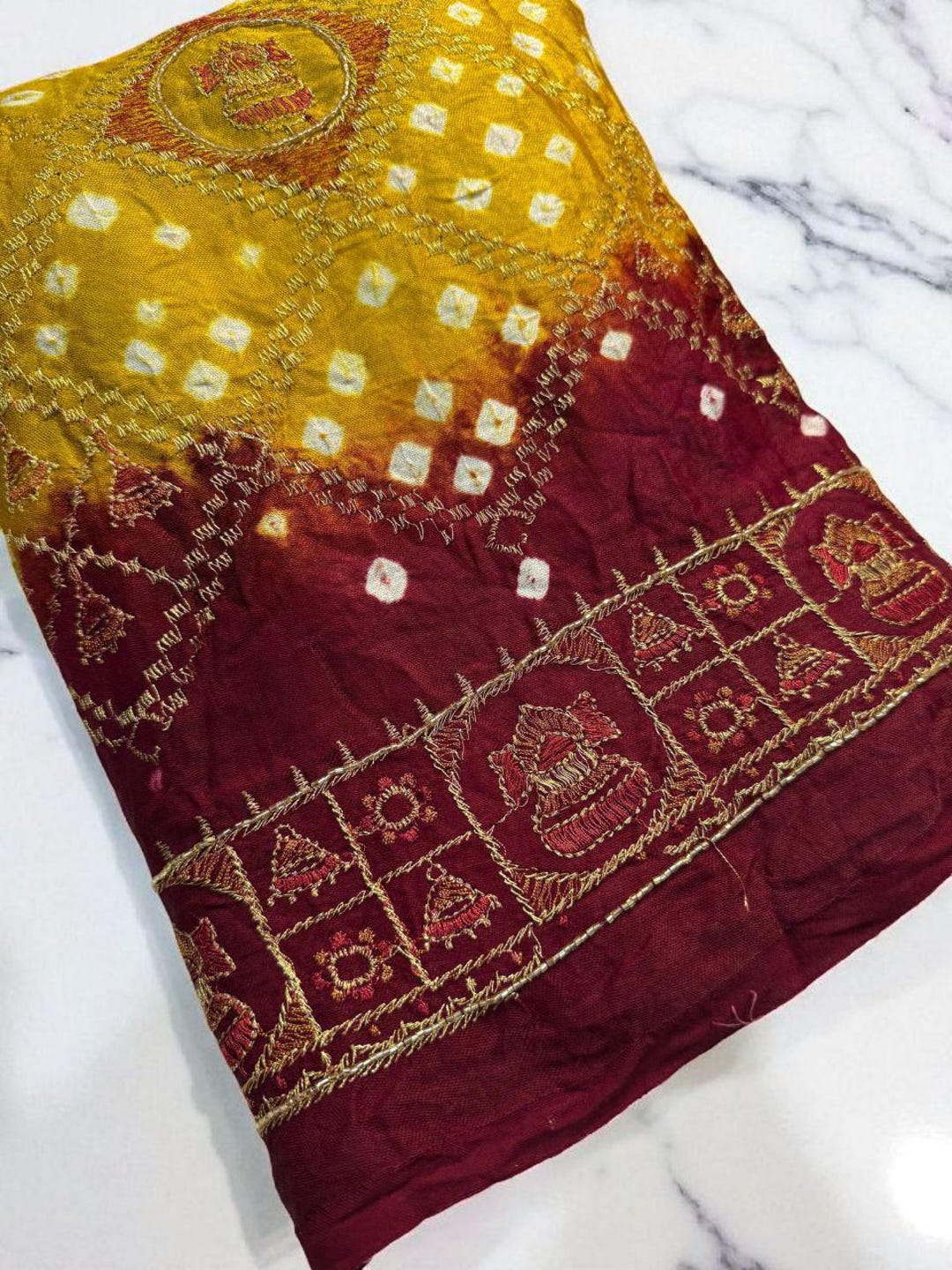 Hand Block Print Bandhej Gajji Silk Saree: Bhungli Work Pallu - Etsy