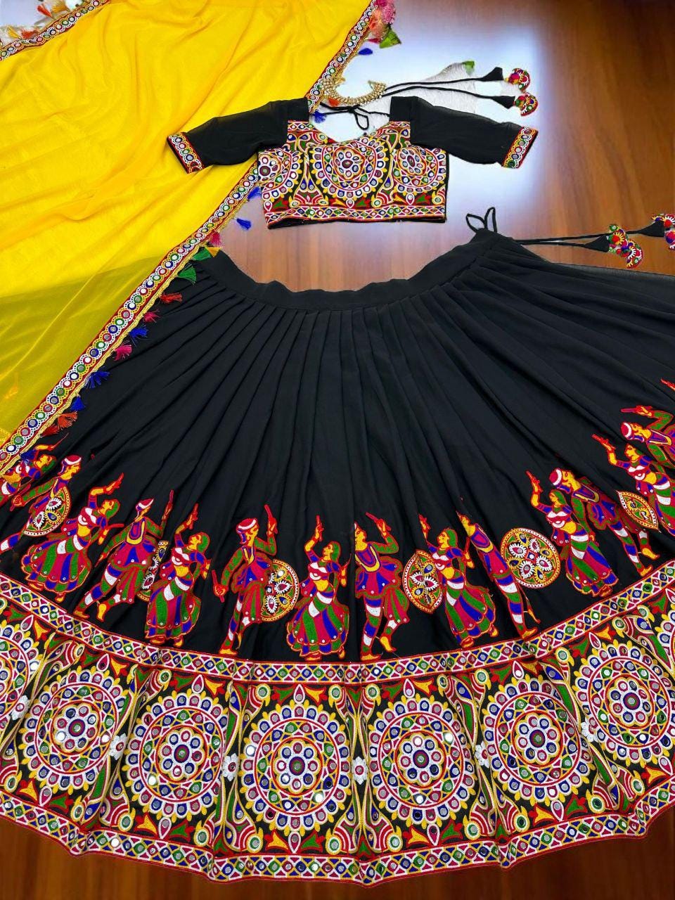 Gujarati Festive Chaniya Choli: Mirror Work Embroidered Lehenga With ...
