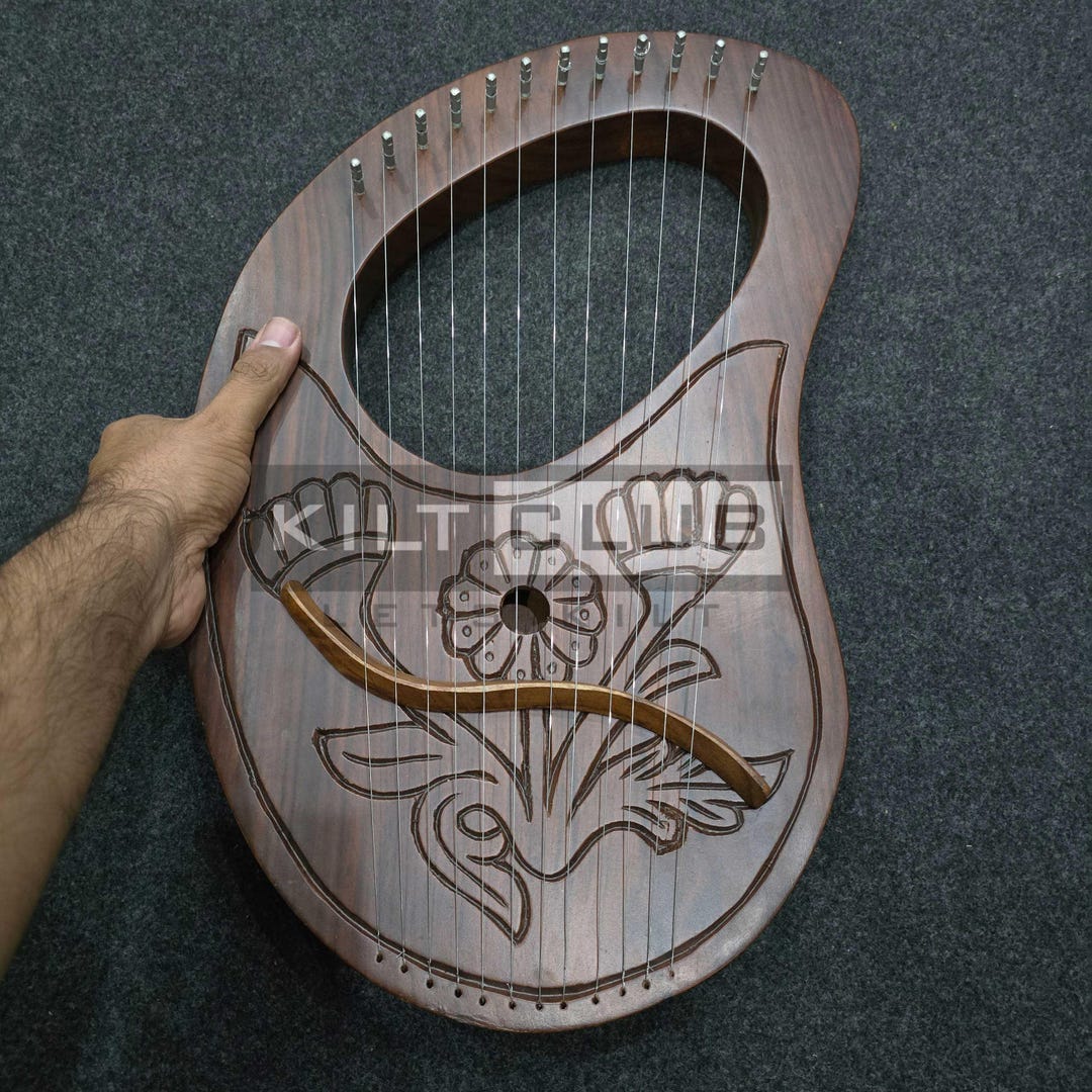 Rosewood New Thistle Flower Engraved Design Handmade Brown Lyre Harp 10 ...