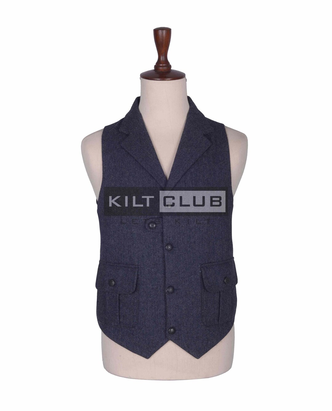 Navy Blue Wool Tweed Waistcoat - Herringbone 4 Buttons Fashion Vest ...