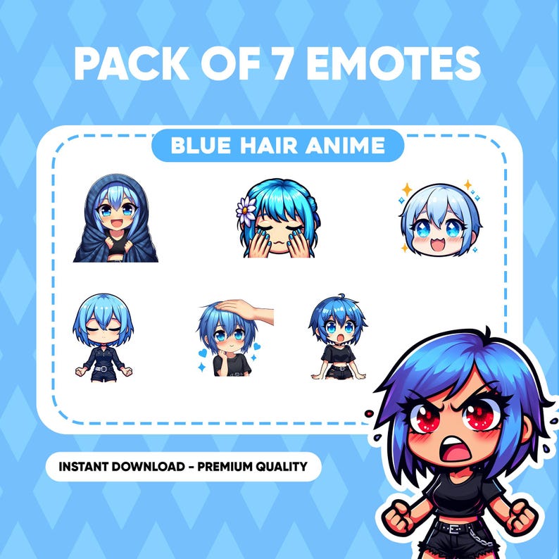 7x Blue-haired Anime Girl Emotes | Twitch & Discord Emote Pack | Chibi ...