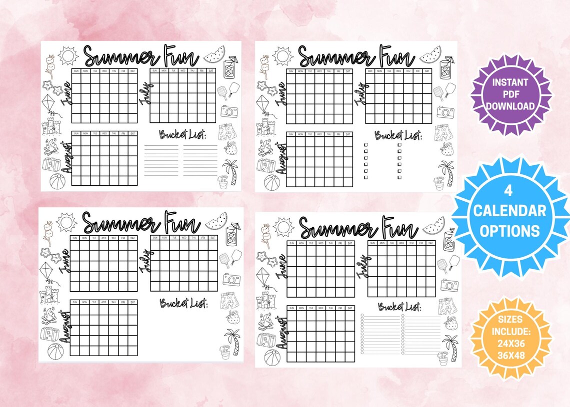 Printable Summer Fun Calendar and Bucket List | Kids Color-in Poster ...