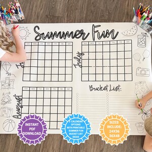 Printable Summer Fun Calendar and Bucket List | Kids Color-in Poster ...