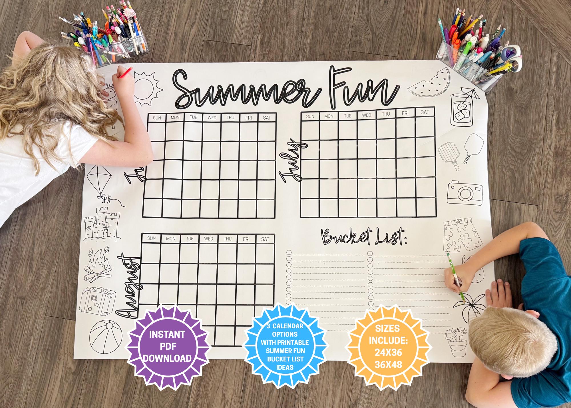 Printable Summer Fun Calendar and Bucket List | Kids Color-in Poster ...