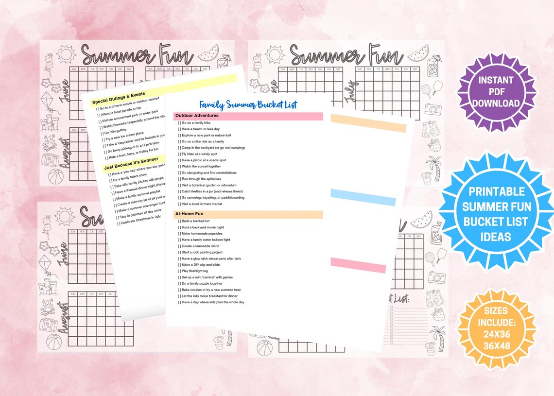 Printable Summer Fun Calendar and Bucket List | Kids Color-in Poster ...
