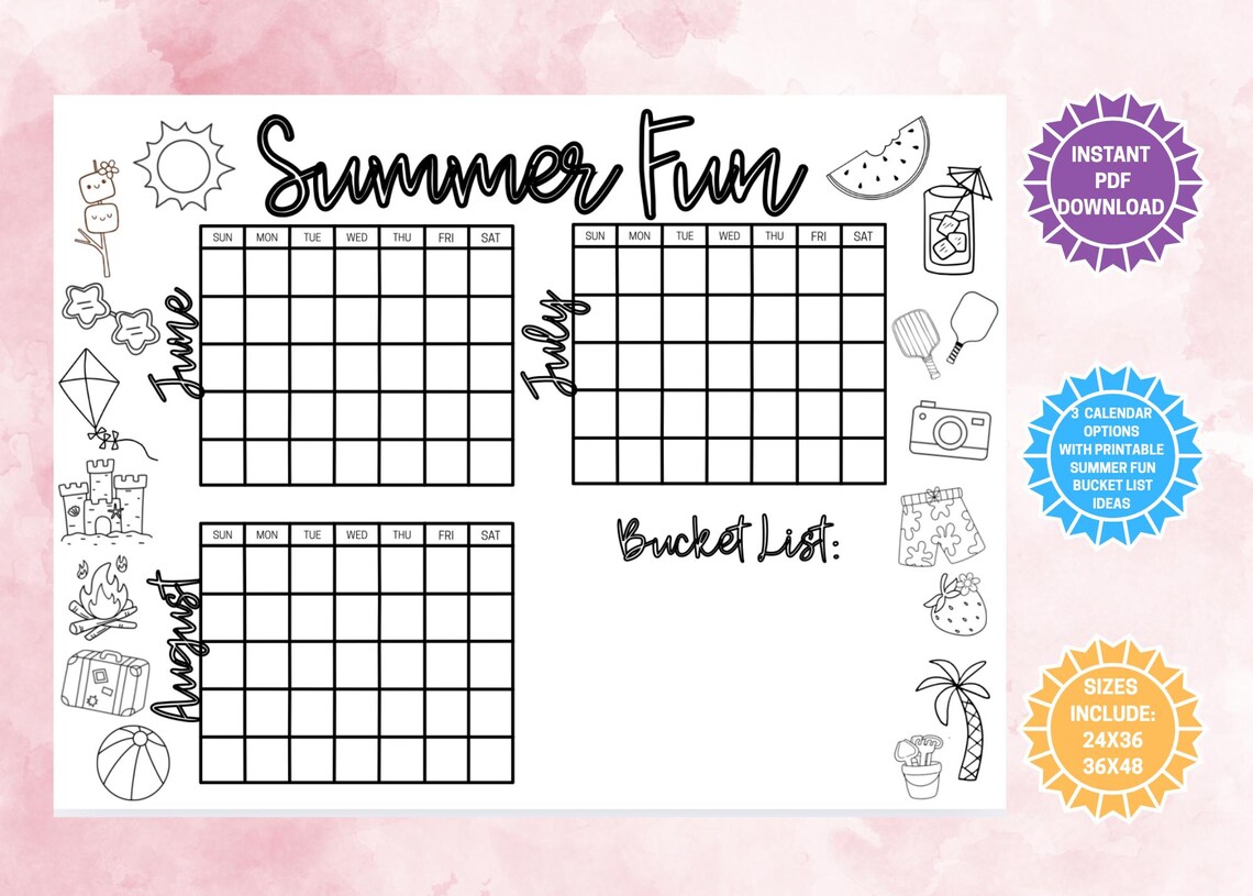 Printable Summer Fun Calendar and Bucket List | Kids Color-in Poster ...