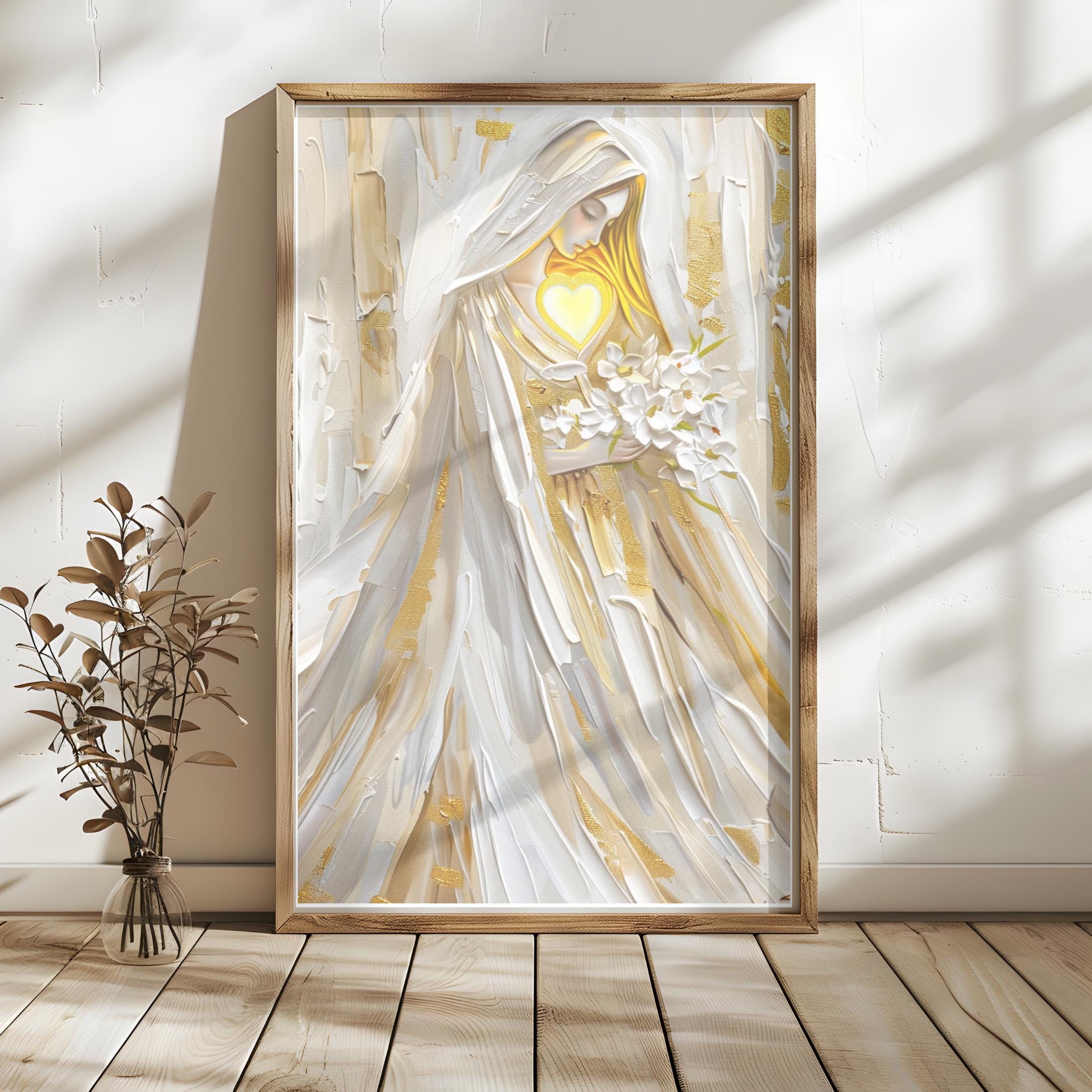 Golden Sacred Heart Virgin Mary – Modern Catholic Wall Art | Impasto ...