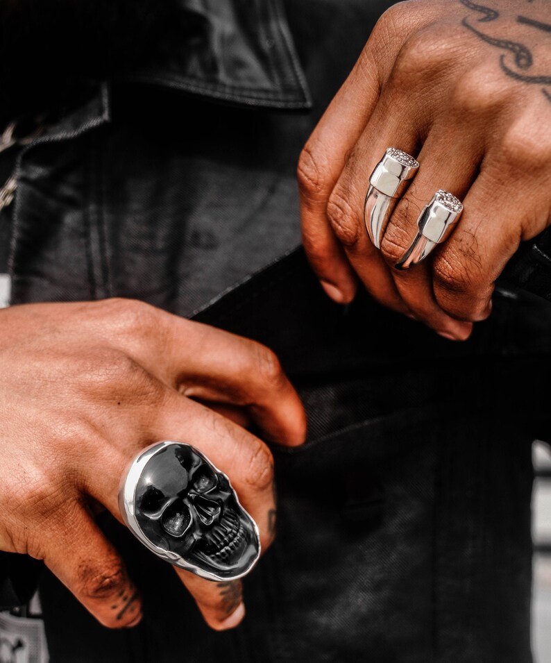 Carved ROCK SKULL Silver Ring - Etsy